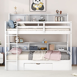 Harper & Bright Designs Bunk Bed Twin Over Twin with Storage,Wood Twin Bunk Beds with Built-in Shelves Beside Both Upper & Down Bed,Multi Storage Bunk Beds with Drawer for Kids Girls Boys,White