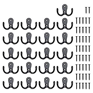 OUSHINAN 21 Pieces Double Prong Robe Hook Rustic Hooks Retro Cloth Hanger Coat Hanger Wall Mounted Hook with 42 Pieces Screws (Black Color)