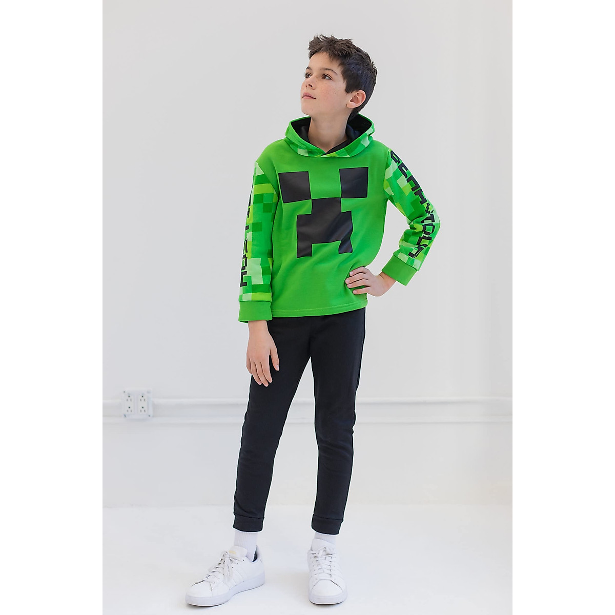 Minecraft Creeper Big Boys Fleece Raglan Hoodie & Pants Set Green/Black 10-12