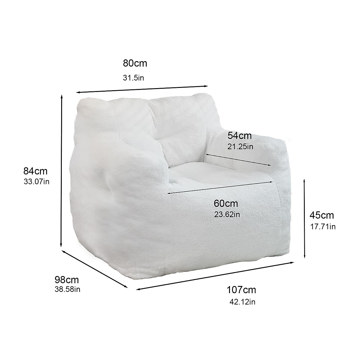 Recaceik Giant Beanbag Chair, Huge Fluffy Faux Fur Bean Bag Lazy Sofa with Filler, Ultra Soft Bean Bag Chair for Adults, Comfy Cozy Beanbag Chair with Memory Foam for Living Room, Dorm(White)