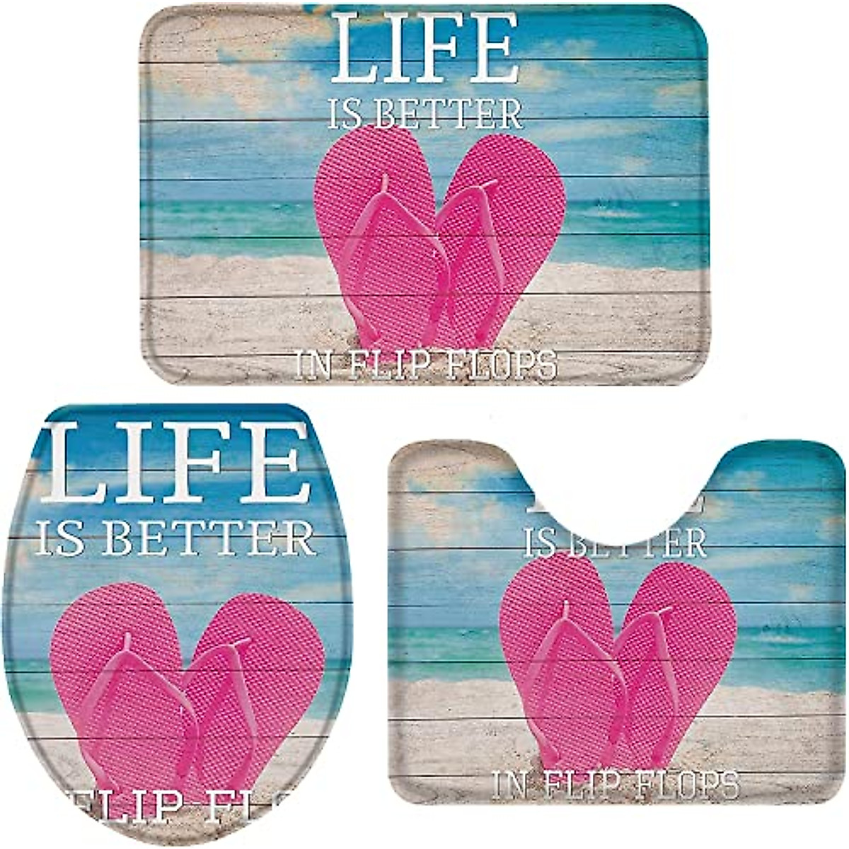 Apular Fashion 3 Piece Bath Rugs Set Pink Flip Flops on The Beach, Vintage Blue Farm Wooden Grain Non Slip Ultra Soft Bathroom Accessories Mats, U Shape Mat and Toilet Lid Cover Mat Bath Mats