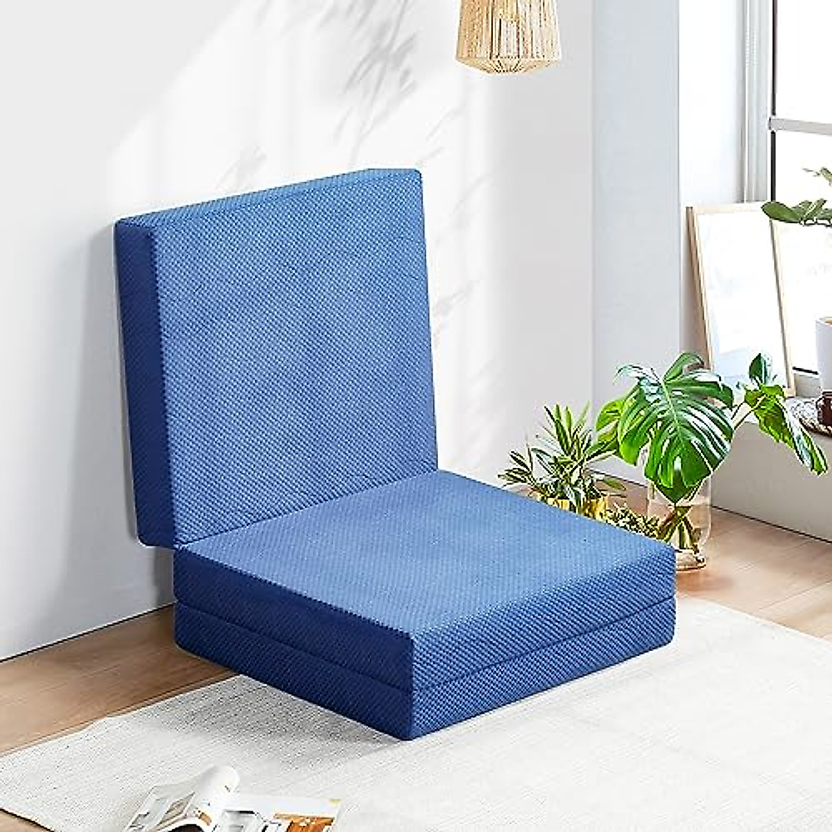 Olee Sleep Tri-Folding Memory Foam Mattress Topper, 4 Inch Gel Folding Mattress for Camping, Foldable Guest Bed, CertiPUR-US Certified, Soft, Blue, Twin Size