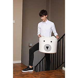 Bear Basket, Animal Basket, Large Cotton Rope Basket, Large Storage Basket, Woven Laundry Hamper, Cloth Storage Bin, for Clothes in Bedroom (White, 18"x15")