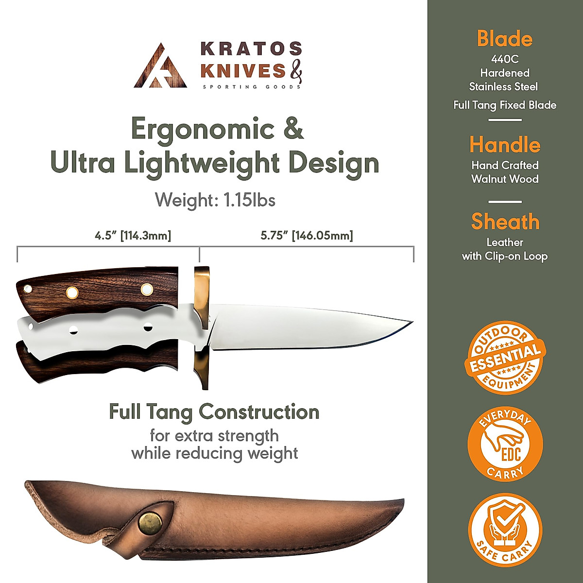 Hunting Knife with Sheath, 10.25" Fixed Blade Bushcraft Hunting Knives with 440C Hardened Stainless Steel Full Tang Survival Knife By Kratos - ZF10