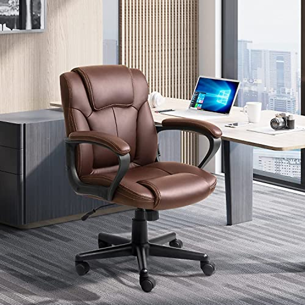 Shahoo Executive Office Chair Swivel Task Seat with Ergonomic Mid-Back, Waist Support, PU Leather, Brown