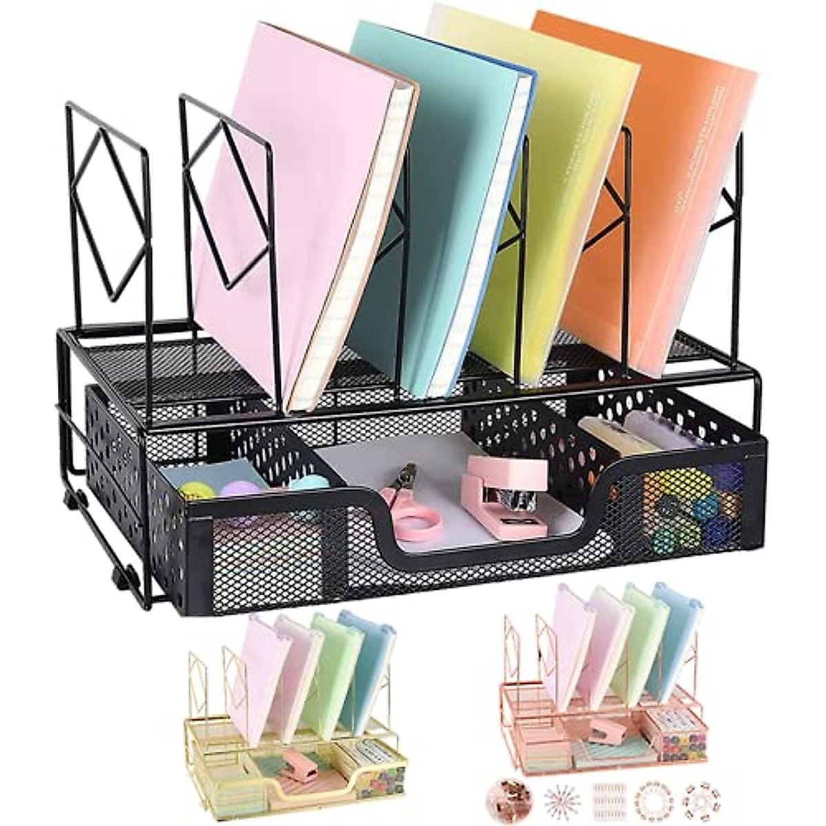 Spacrea Desk Organizers and Accessories, File Folder Holders Desktop Organization with 5 Upright Sections & Drawer, Great for Workspace College Dorm Home Office（Black）