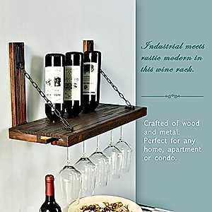 Wall Mounted Wine Rack with Glass Holder, Floating Wine Shelf for Kitchen, Rustic Pine Wood