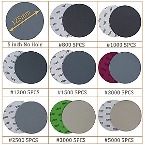 Aewio 40PCS 5 inch No Hole #800-#5000 Wet Dry Sanding Discs 800 1000 1200 1500 2000 2500 3000 5000 Grit Sandpaper Compatible for Random Orbital Sanders (#800-#5000 8Kind Grit Each 5PCS)