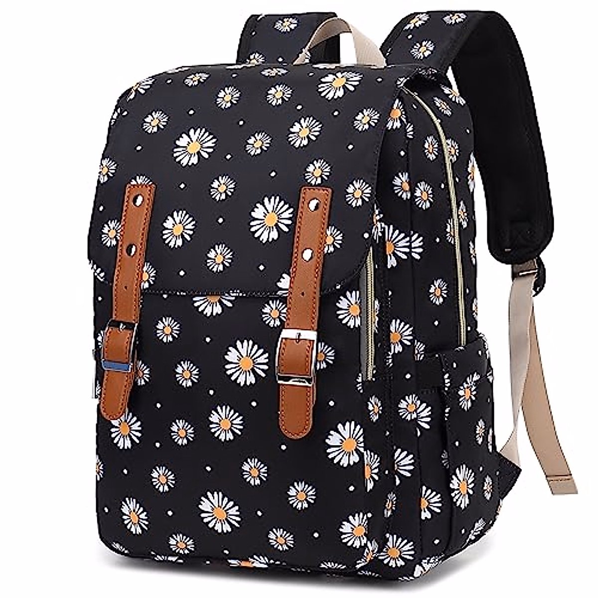 Kouxunt Daisy Laptop Backpack for Women Girls, 15.6 inch College School Backpacks Travel Casual Daypack (Black)