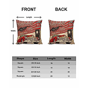 Set of 2 Throw Pillow Covers Square Pillow Case Retro Filling Station Car Posters Cotton Linen Cushion Case Pillowcase for Sofa Couch Bed, Living Room Bedroom Decorative, 16 x 16 Inches