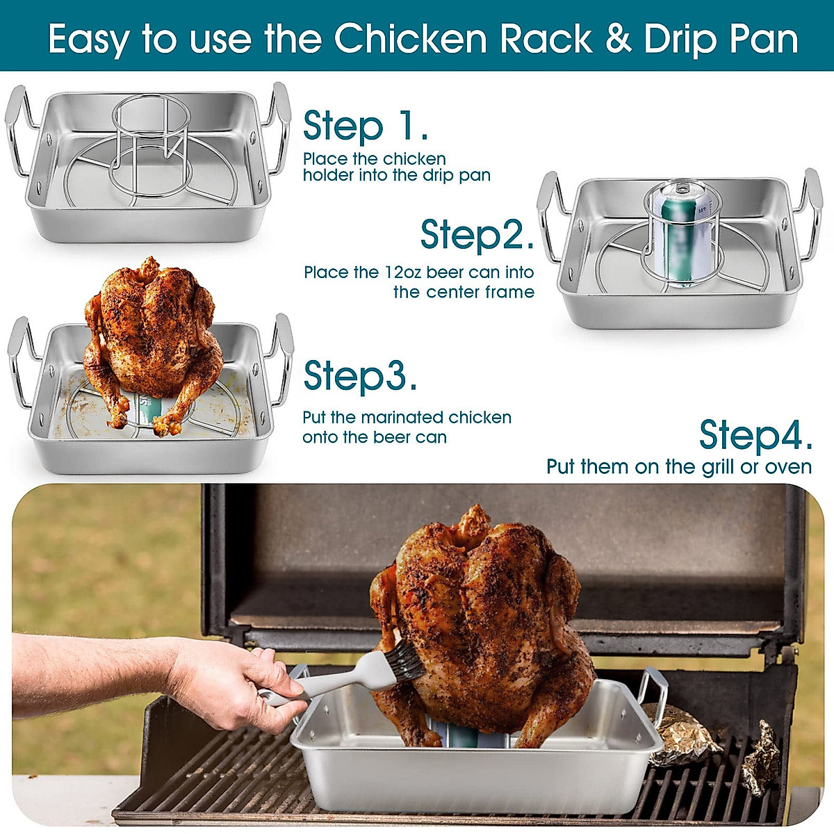 TeamFar Roasting Pan with Beer Can Chicken Holder, Stainless Steel Drip Pan with Vertical Rack Stand for Grill Oven Smoker, Healthy & Heavy Duty, Easy Clean & Dishwasher Safe, (1 Pan + 1 Rack)