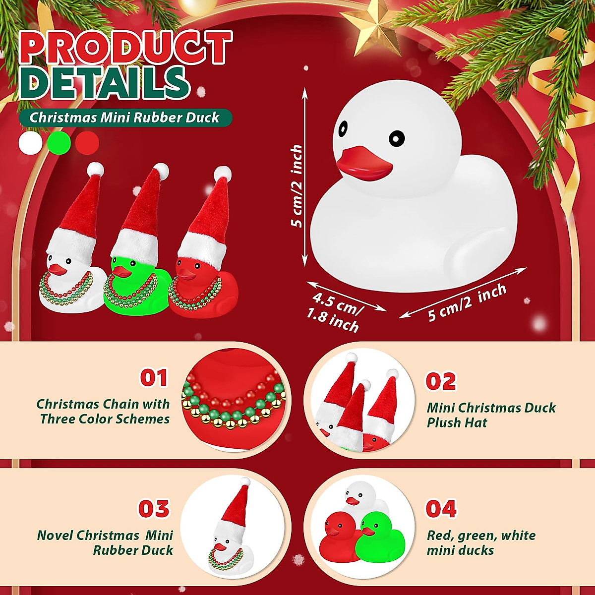 Sanwuta Christmas Rubber Ducks with Hats Bulk 2'' Xmas Duckies with Mini Santa Hat and Metal Chain Small Rubber Duck Bathtub Toys for Christmas Party Gift Kids Goodie Bag Filler(48 Set)
