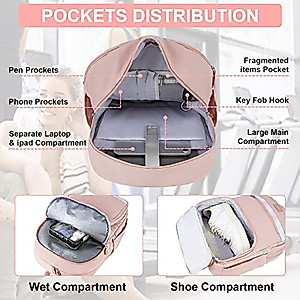 Ytonet Gym Backpack For Women, Travel Backpack with Shoe Compartment & Wet Pocket 15.6 Inch Womens Laptop Backpack Girls College School Bookbag, Water Resistant Anti Theft Bag Backpack Gifts, Pink