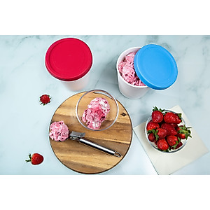 LIN Ice Cream Containers 4-Pack - 1Quart Reusable Round Storage Tubs for Homemade Ice Cream, Dessert, Gelato, Sorbet, 2 Red & 2 Blue Silicone Lids - Non-BPA Plastic Containers - Dishwasher-Safe - No Freezer Burn