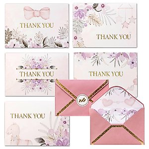Only Zest Blank Thank You Cards with Envelopes Bulk, 50 Pack Elegant Baby Shower Thank You Cards with Stickers- Baby Girl Thank You Notes for Baptism, Birthday, Bridal Shower