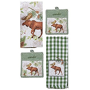 DHE Piece Wilderness Moose Pinecone Trails Kitchen Accessory Bundle, 1 Dual Purpose Towel, 1 Applique Towel and 2 Pocket Mitts Multi colored