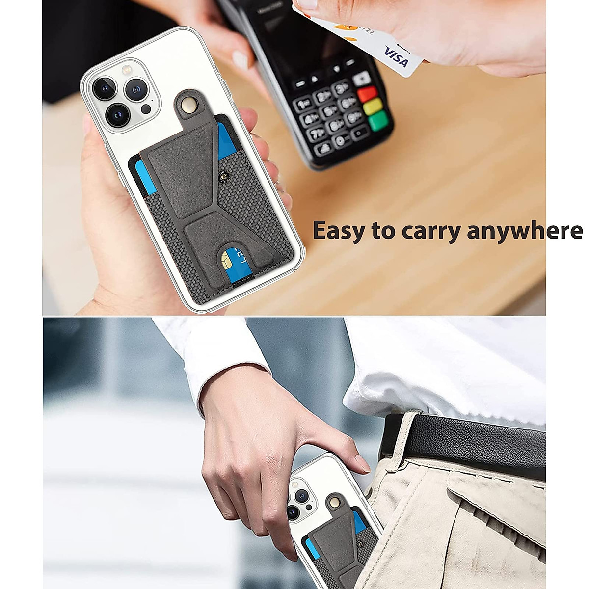 Miimall Phone Card Holder Compatible with iPhone Case, Samsung Galaxy Phone, PU Leather Wallet Pouch with Magnetic Adjustable Kickstand, 3M Adhesive Case Sleeve for Most Smartphones (Black)