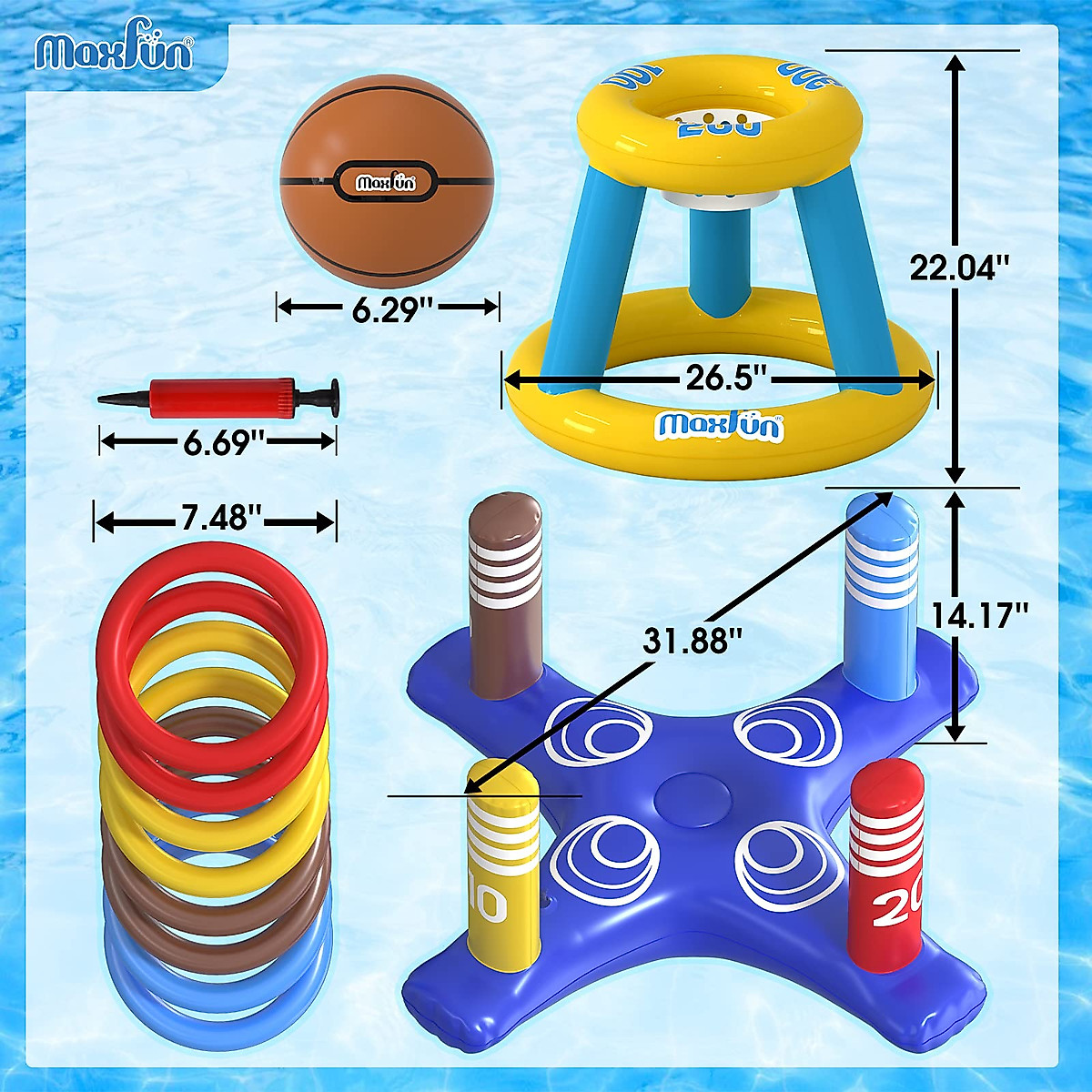 Max Fun Pool Floats Toys Games Set - Floating Basketball Hoop Inflatable Cross Ring Toss Game Toys for Kids Adults Swimming Pool Water Game