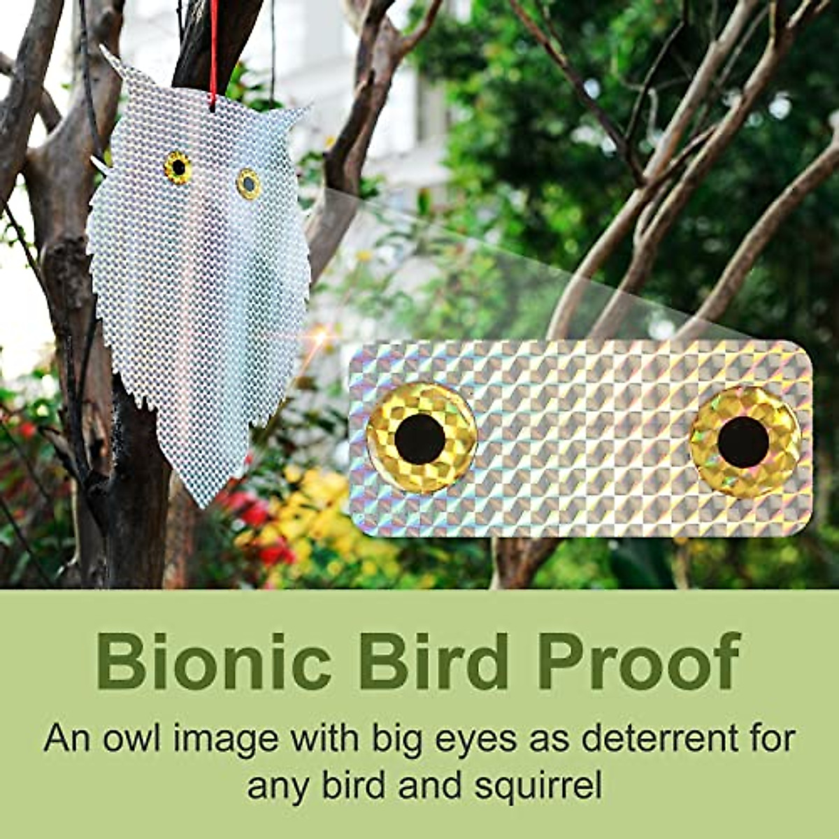 OFFO Owl Decoy to Scare Birds Away (No Bells) Bird Deterrent Device for Woodpecker Pigeon 2 Pcs Plastic Hanging Outdoors Reflective Keep Birds Away Home and Garden