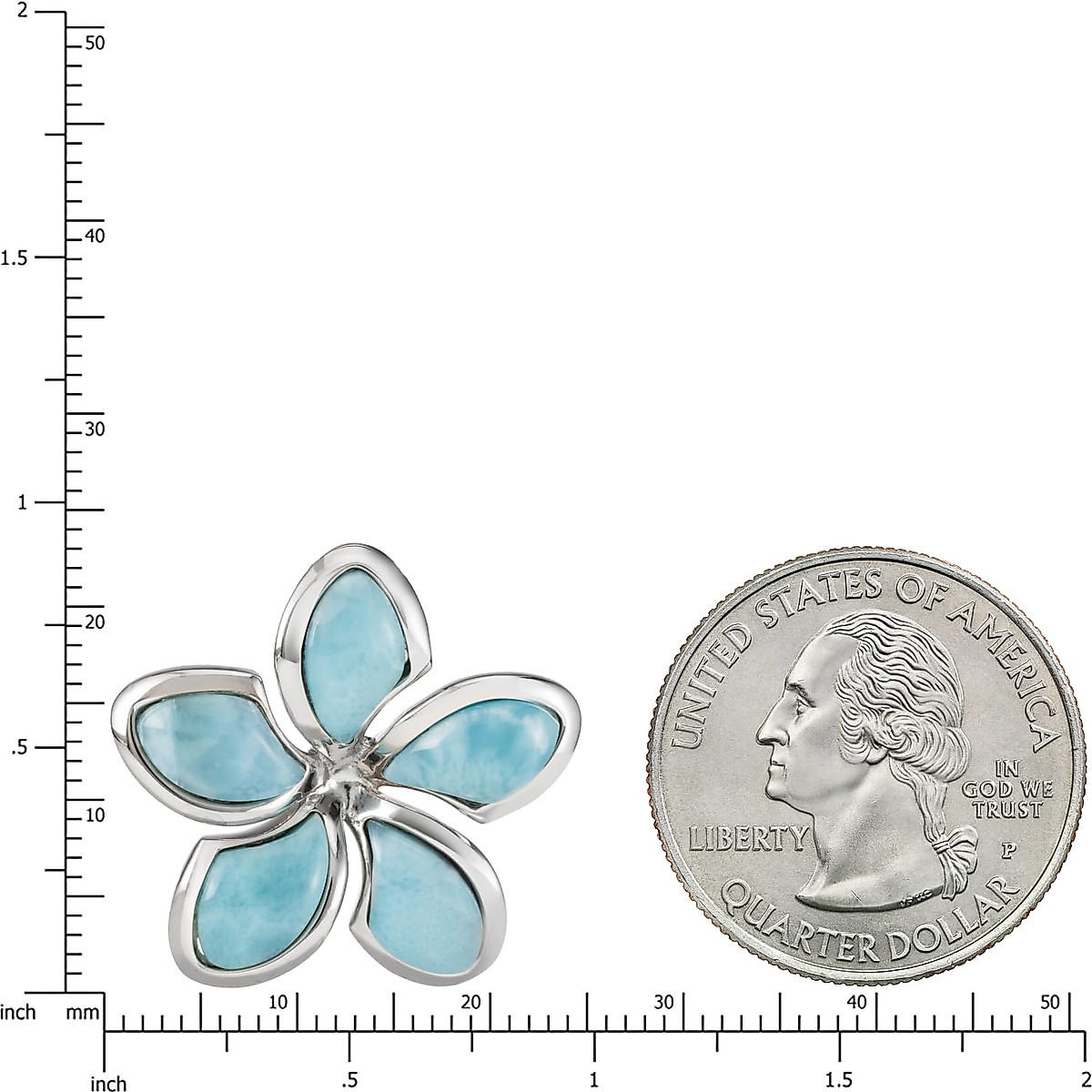 Aloha Jewelry Company Sterling Silver Natural Larimar Plumeria Flower Necklace Pendant with 18" Box Chain, Nickle Free Hypoallergenic for Sensitive Skin, Gift Box Included (Pointed Petals, Large)