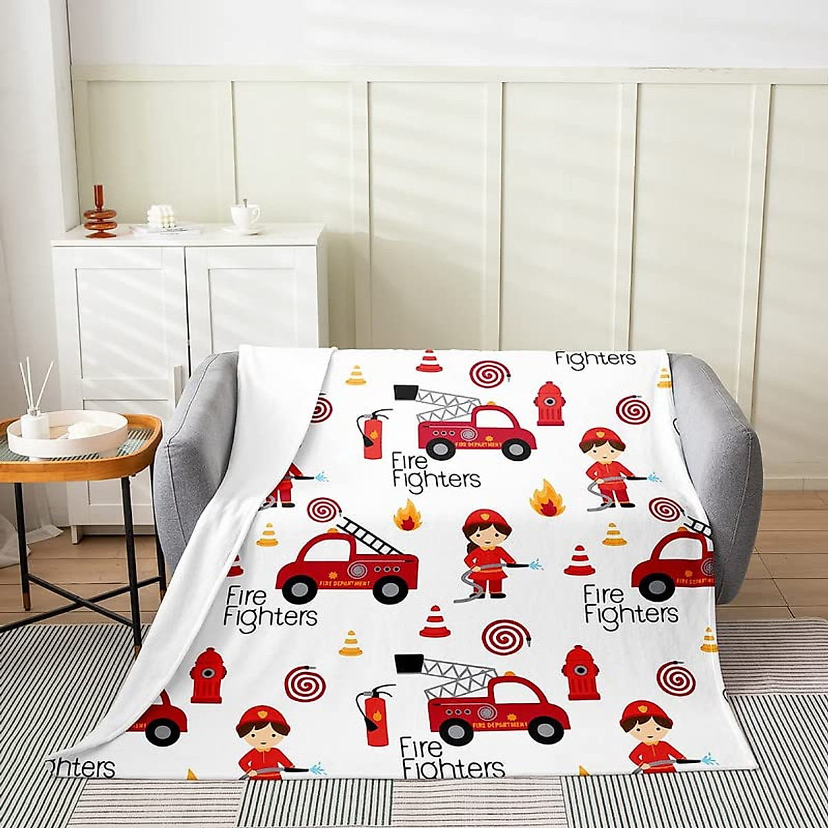 Feelyou Fire Truck Flannel Fleece Blanket Cartoon Car Firemen Car Vehicle Pattern Plush Throw Blanket, for Children Firefighter Red White All Season,Bed Blanket Room Decor Room Decor Twin 60"x80"