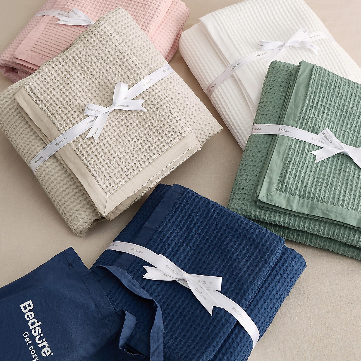 Bedsure Cotton Duvet Cover Queen Size - 100% Cotton Waffle Weave Beige Duvet Cover Queen Size, GentleSoft™ and Breathable Bedding Set for All Season, 3 Pieces, 90"x90"