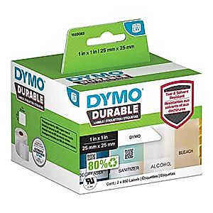 DYMO LW Durable Industrial Labels for LabelWriter Label Printers, White Poly, 1” x 1”, 2 Rolls of 850 (1700 Total)
