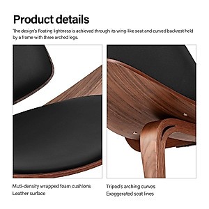 Furgle Mid Century Modern Chair Tripod Design Shell Chair with Black PU Leather Plywood Solid Wood Cute Accent Chair for Living Room, Reading Side Chair for Bedroom, Study, Office