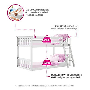 Max & Lily Low Bunk Bed, Twin-Over-Twin Wood Bed Frame For Kids, White