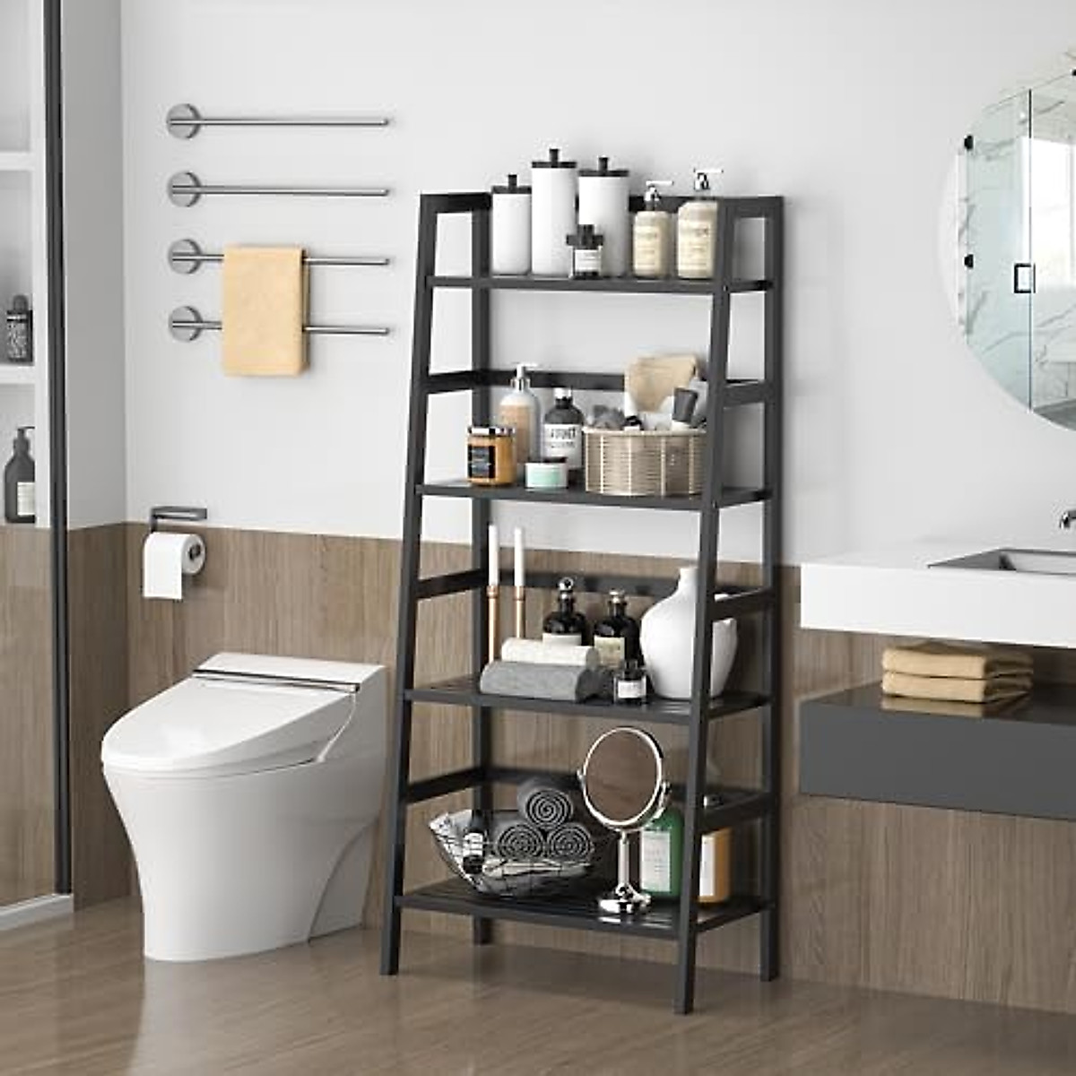 Homykic 4-Tier Black Bookshelf Ladder Shelf, Bamboo 49.2” Open Book Shelf Bookcase Ladder Shelves Freestanding Bathroom Storage Shelf Unit Plant Stand for Living Room, Bedroom, Office, Easy Assembly