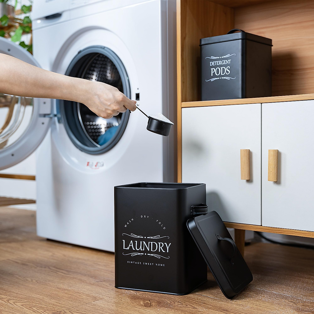 Meraki Home Laundry Detergent Container Set – 2-Pack Detergent Holder with Scoop - Laundry Detergent Sheets and Pods Container - Laundry Room Organization and Storage - Matte Black