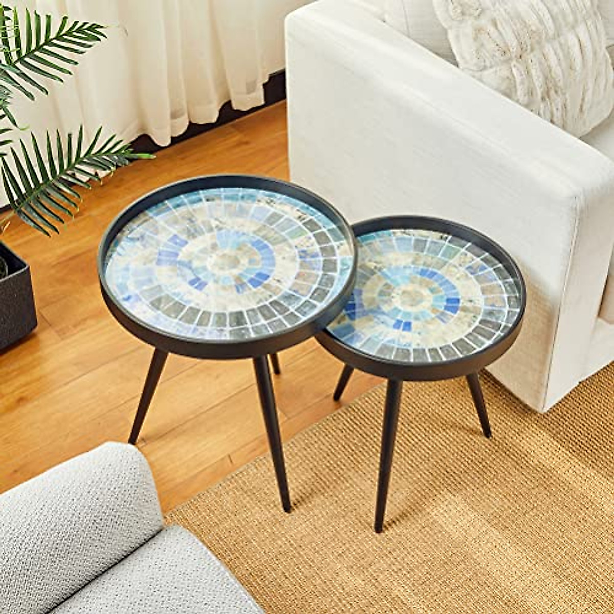 Glitzhome S/2 Modern Nesting End Table Set - Round Sofa Side Tables Living Room Accent Table Nesting Lamp Table with Mosaic Pattern Tray Top