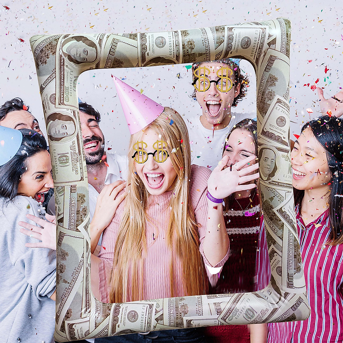 Money Party Inflatable Photo Booth Selfie Frame & Photo Props Set Giant Bill Dollar Party Blow Up Picture Frame for Birthdays Casino Weddings Bachelorette Retirement Graduations Party Decor