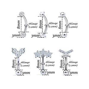 Vsnnsns 16G Rook Daith Piercing Jewelry Stainless Steel 8mm Curved Barbell Eyebrow Rings Cartilage Helix Tragus Belly Lip Rings CZ Piercing Jewelry Daith Rook Earrings for Women Men 12pcs Silve