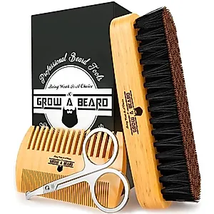 Beard Brush for Men & Beard Comb Set w/ Mustache Scissors Grooming Kit, Natural Boar Bristle Brush, Dual Action Wood Comb, and Travel Bag Great for Christmas Gift