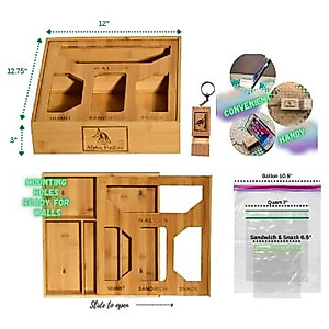 Alpha Kurtisa Bamboo Ziplock Bag Organizer for Kitchen-Walls-Drawers-Can fit Ziplock bags like Gallon-Snack-Sandwich-Quart. Includes Keyholder with Cellphone stand (Natural)