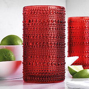 Glaver's Hobnail Drinking Glasses Set of 4 Red Vintage Glassware. 15 Oz. Everyday and Holiday Dinner Beaded Drinking Glasses for Water, Juice, Cocktail.