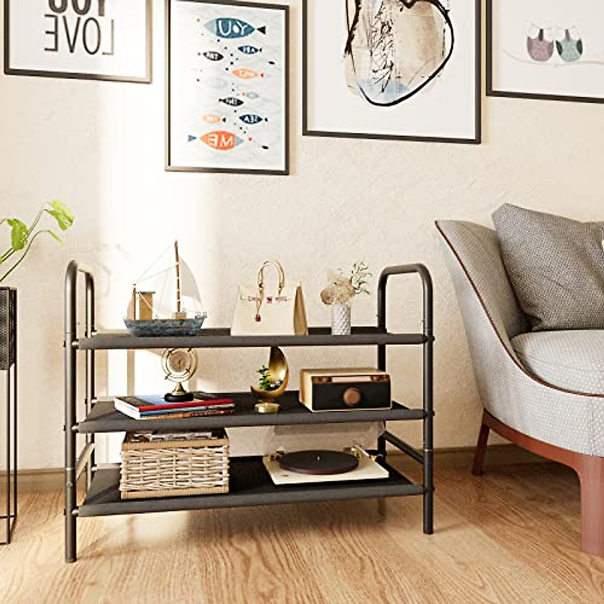 Huhote Shoe Rack 3 Tiers Freestanding Shoe Storage Shelf, Modern Shoe Organizer Multi-Purpose Use with Washable Polyester Fabric Storage Rack for Closet, Entryway, Hallway, Bedroom, Living Room