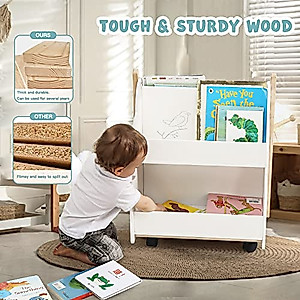 labebe Baby Wooden Bookshelf, Kids Bookshelf with Wheels for 36M+, Book Rack Wood/Kid Bookcase/Children Bookshelf/Toddler Book case/Children Books Display Self/Infant Book Toy Storage White