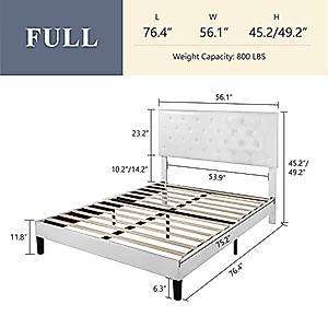 Allewie Full Bed Frame with Adjustable Diamond Stitched Button Tufted Headboard/Faux Leather Upholstered Platform Bed with Easy-Assembly Wood slats, White