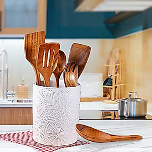 MEIGUI Ceramic Utensil Holder, 7.5 inch High Utensil Holder for Countertop, Modern Cooking Large Utensil Caddy, Durable and Stylish Kitchen Utensil Crock, Flower White