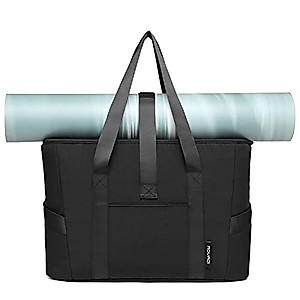 Moyaqi Yoga Tote Bag with Water Bottle Pockets Gym Bag with Yoga Mat Strap Weekender Bags for Women Men Black