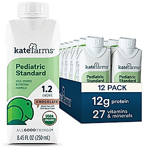 KATE FARMS Organic Pediatric Chocolate 1.2 Sole-Source Nutrition Shake, 12g of protein, 27 Vitamins and Minerals, Vegan, Meal Replacement Drink for Kids, Protein Shake, Gluten Free, Non-GMO, 8.45 Fl oz (Pack of 12)