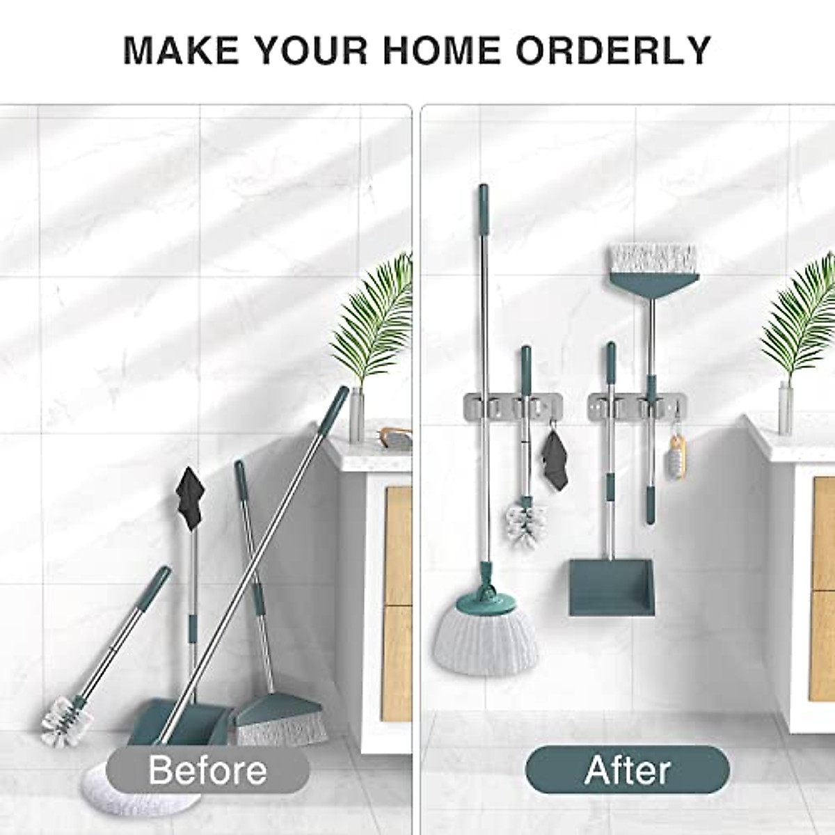HOMEASY Mop Broom Holder Wall Mounted SUS304 Stainless Steel, Mop Broom Organizer with 2 Installation Methods (No Drilling&Screw Drilling Installation 2 In 1), Mop Hanger Heavy Duty with Hooks, 2PCS