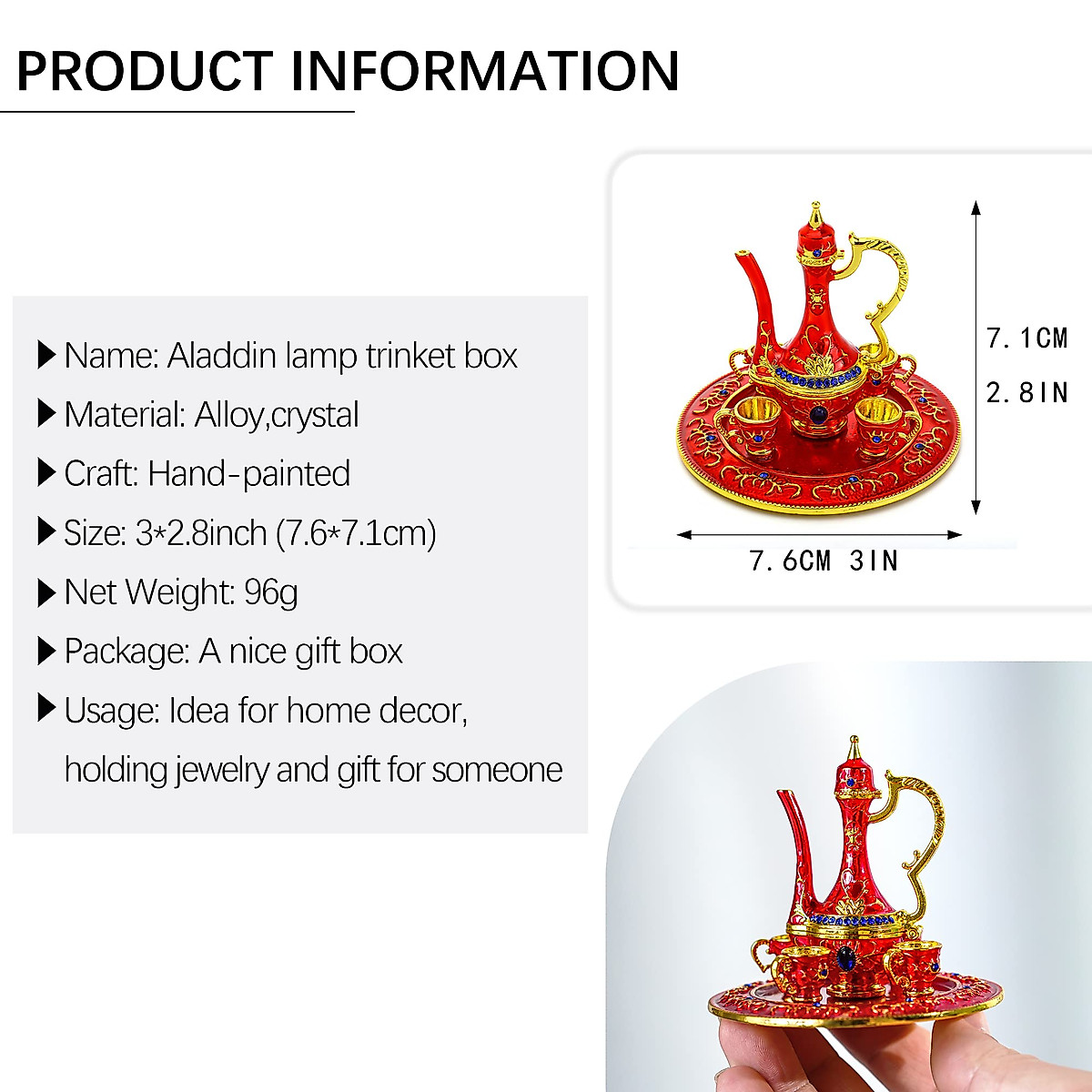 YU FENG Moroccan Teapot Set Jewelry Trinket Box Hinged Hand Painted Enamel Treasured Trinkets Collectable Jewellery Box Ring Holder For Home Decor Gift,3inch