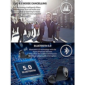 True Wireless Earbuds Bluetooth 5.0 Headphones in-Ear TWS Mini Headset for Sport Extra Bass Stereo Earphones HD Sound IPX7 Waterproof Noise Cancelling Mic 46-48 Hours Playtime Black