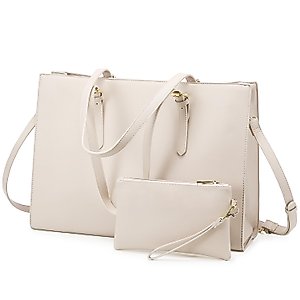 LOVEVOOK Laptop Bag for Women, Fashion Computer Tote Large Capacity Handbag, Leather Shoulder Bag Purse Set, Professional Business Work Briefcase for Office Lady, 2PCs, 15.6-Inch, Beige White
