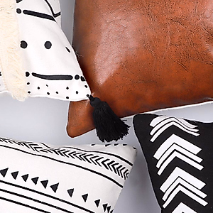 CDWERD 18x18 Inch Pillow Covers, Boho Pillow Covers Set of 4, Modern Farmhouse Neutral Decorative Pillowcases, Faux Leather and Linen Cushion Case