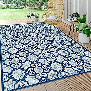 JONATHAN Y AMC107B-8 Gallia Tile Trellis High-Low Indoor Outdoor Area-Rug Bohemian Floral Easy-Cleaning High Traffic Bedroom Kitchen Backyard Patio Porch Non Shedding, 8 ft x 10 ft, Light Gray/Blue