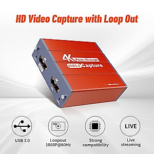 Mirabox USB3.0 4K HDMI Video Capture Card, 1080P 60FPS HD Game Capture Device Cam Link with HDMI Passthrough Work with Xbox PS5 PS4 Switch DSLR for OBS Twitch Live Streaming and Recording (Orange)